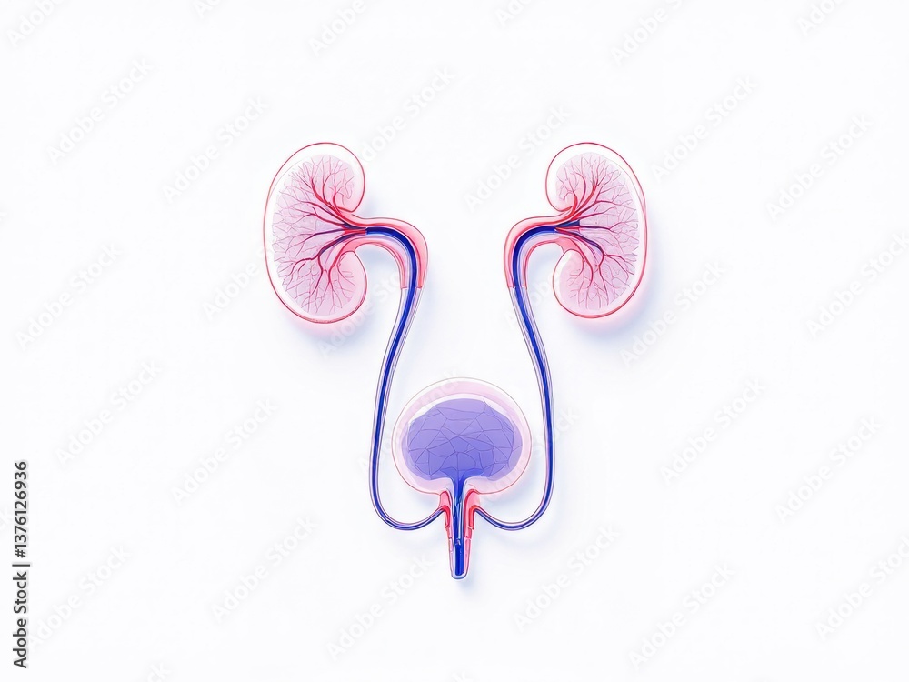 Urinary system. Kidneys, adrenal glands, ureters, bladder. Realistic ...