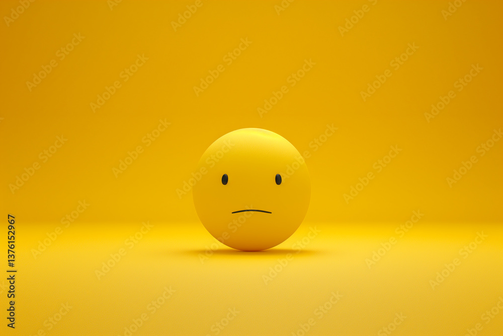 3D neutral face emoji with flat mouth on solid yellow background ...