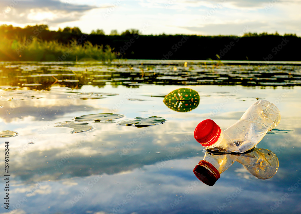 Plastic waste in lake. Ocean pollution. Marine litter. Garbage plastic ...