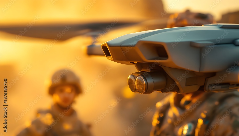 Military Drone Flying in Field with Soldiers During a Sunset Operation ...