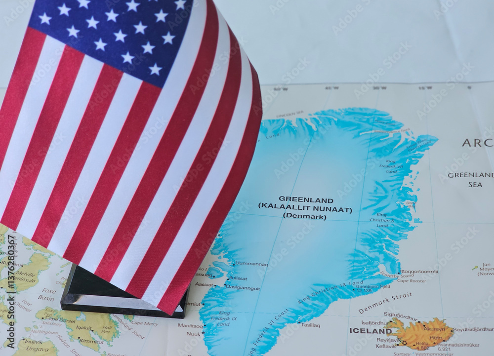 Map of Greenland with US flag superimposed and geographic details and ...