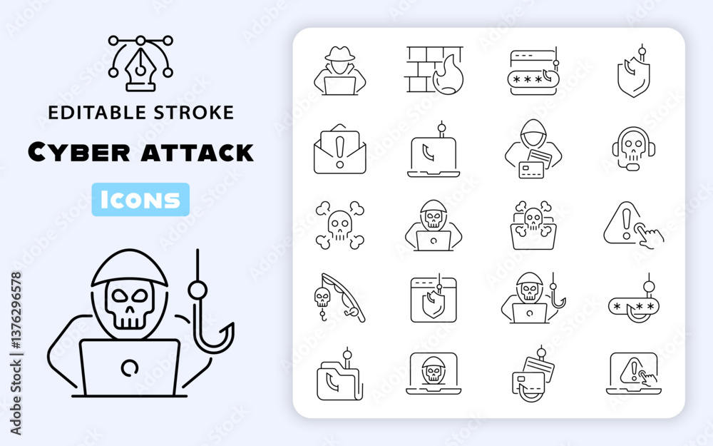 Cyber attack icons. Cyber line icon set. Cyber, attack, software, virus, scam, hacker, fraud ...