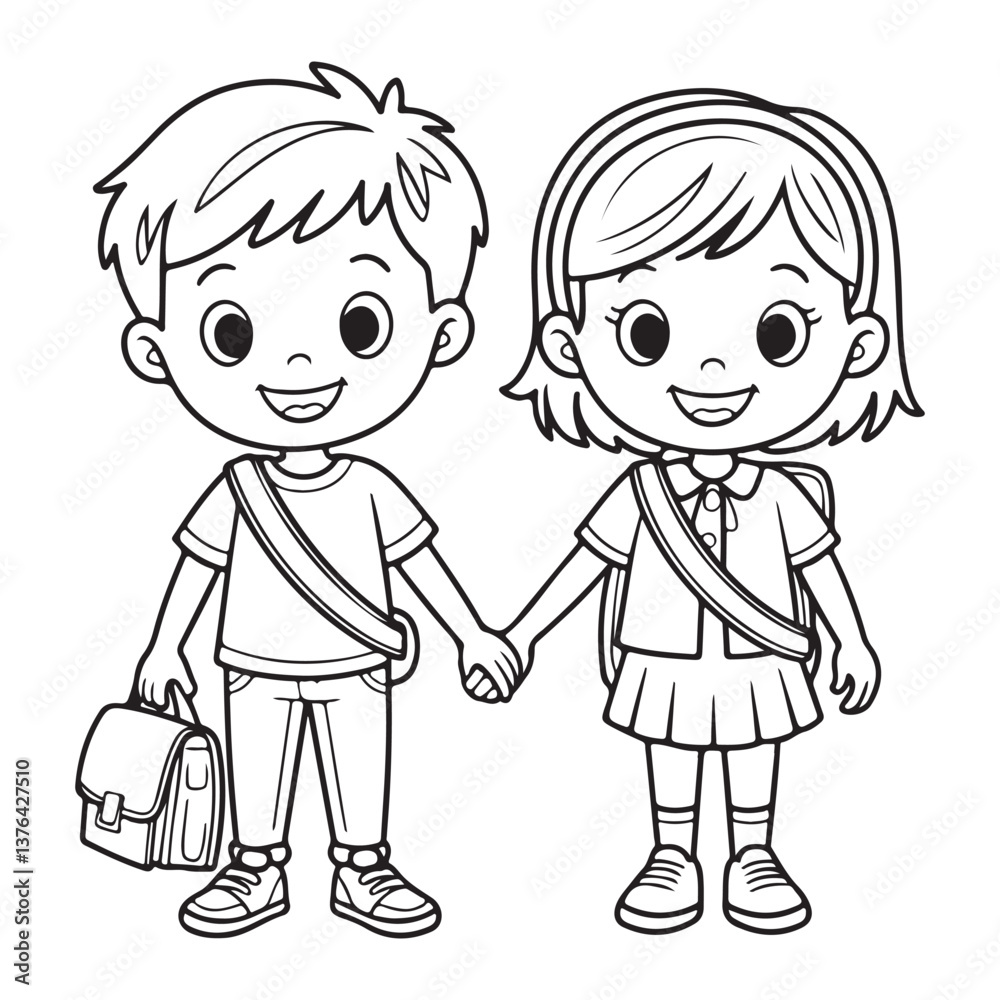 Children Black Outline Holding School Bag, Line art vector clip art ...