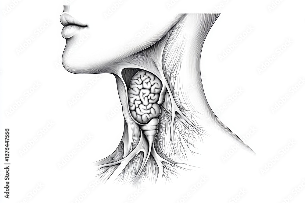 A black-and-white sketch of a thyroid gland with a subtle incision line ...