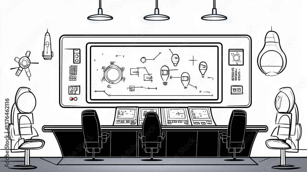 Spacecraft Control Center with Astronauts and Detailed Schematic Screen ...