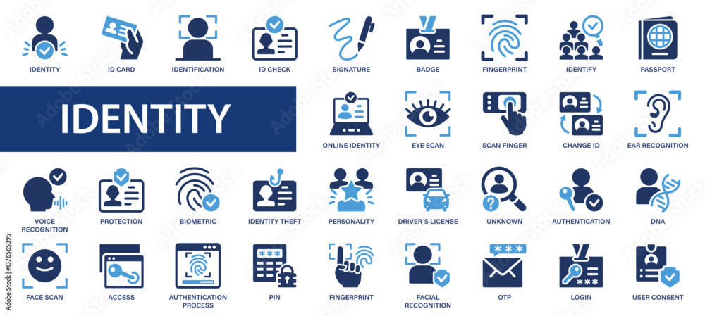 Identity flat icons set. Passport, fingerprint, signature, biometric ...