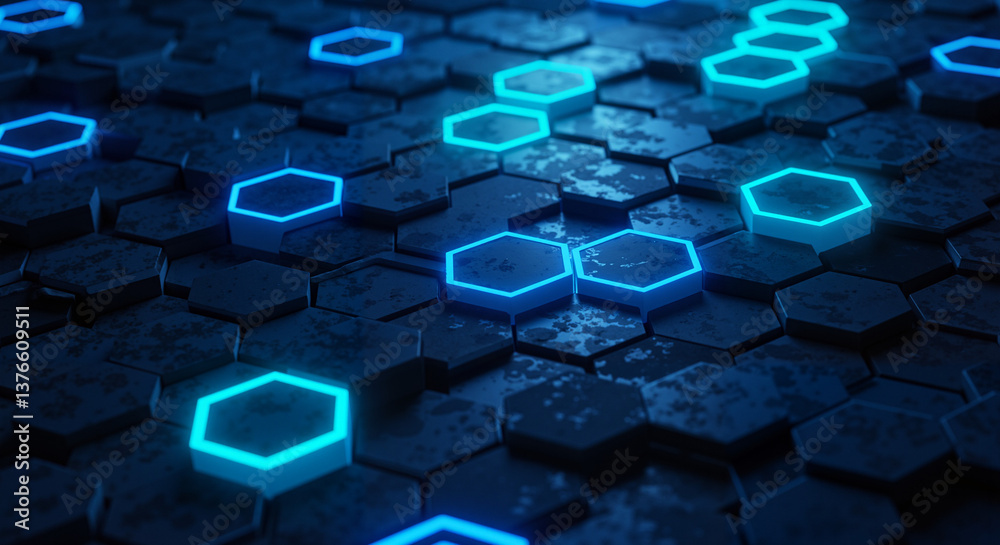 Modern hexagonal tiles with glowing blue neon lights Stock Illustration ...