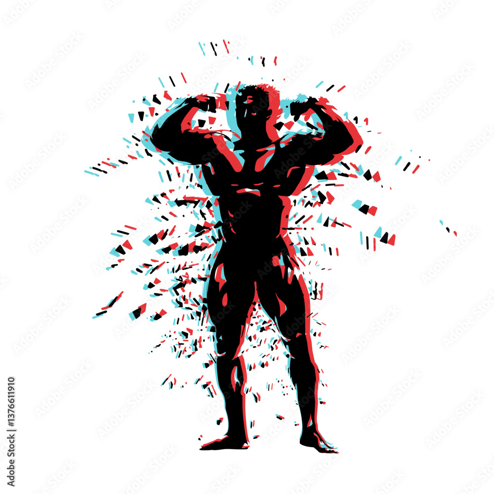 Bodybuilding, bodybuilder muscle pose with glitch effect, abstract ...