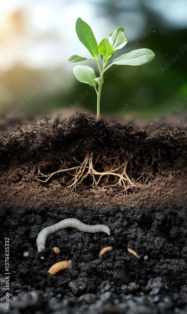 Soil ecosystem: plant roots, earthworms, microscopic organisms ...