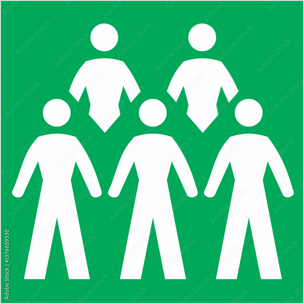 green emergency assembly point sign, five human figures, it indicates a ...