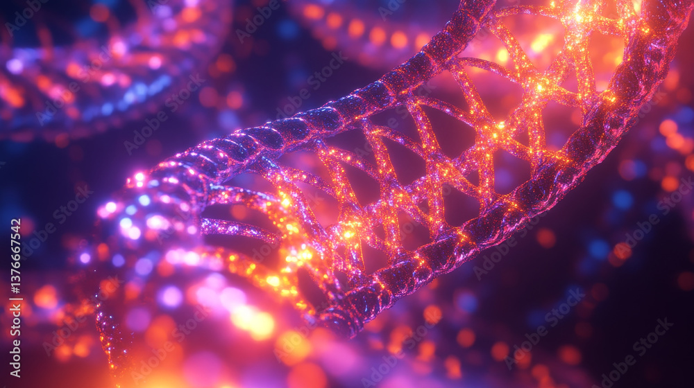 DNA. Study of gene structure of cell. Bright neon light. DNA molecule structure. 3D double helix ...
