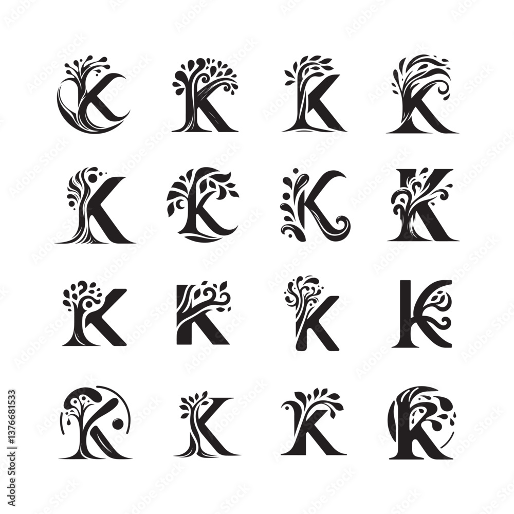 Set of K logo icons with tree shapes, minimalist tree logo designs ...