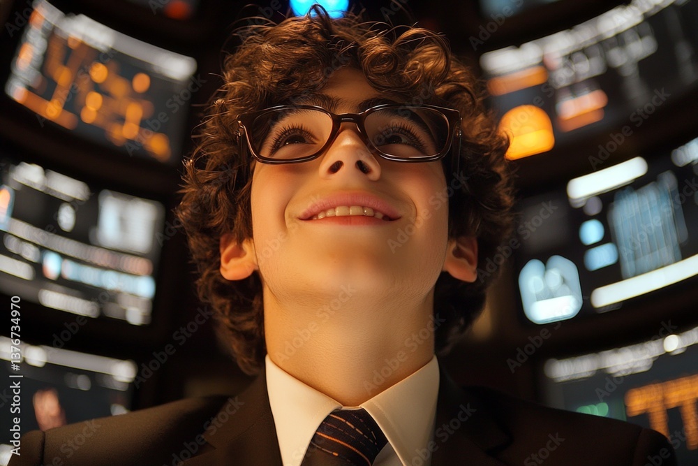 Conceptual art of it. System administrator looks smiling widely at the ...