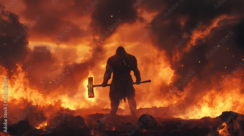 Battle-hardened dwarven hero with a flaming hammer under a fiery sky ...