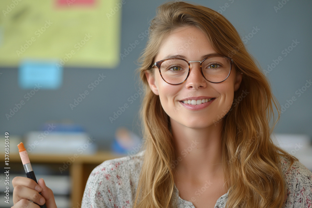 Confident teacher smiles holding marker ready to teach classroom ...