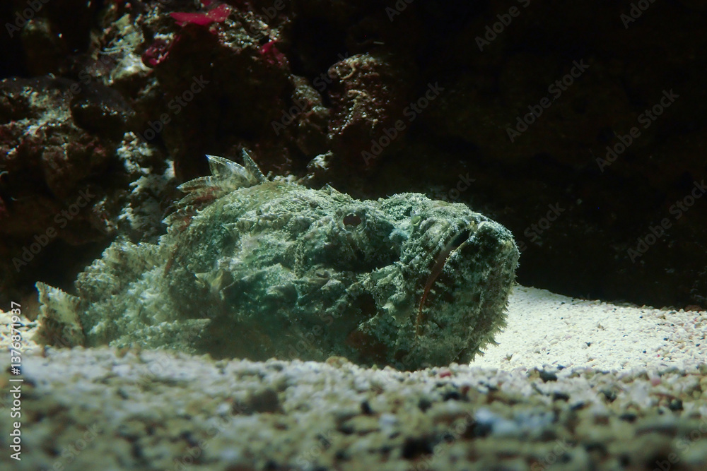 Well-camouflaged stonefish resting on sandy substrate, blending with ...