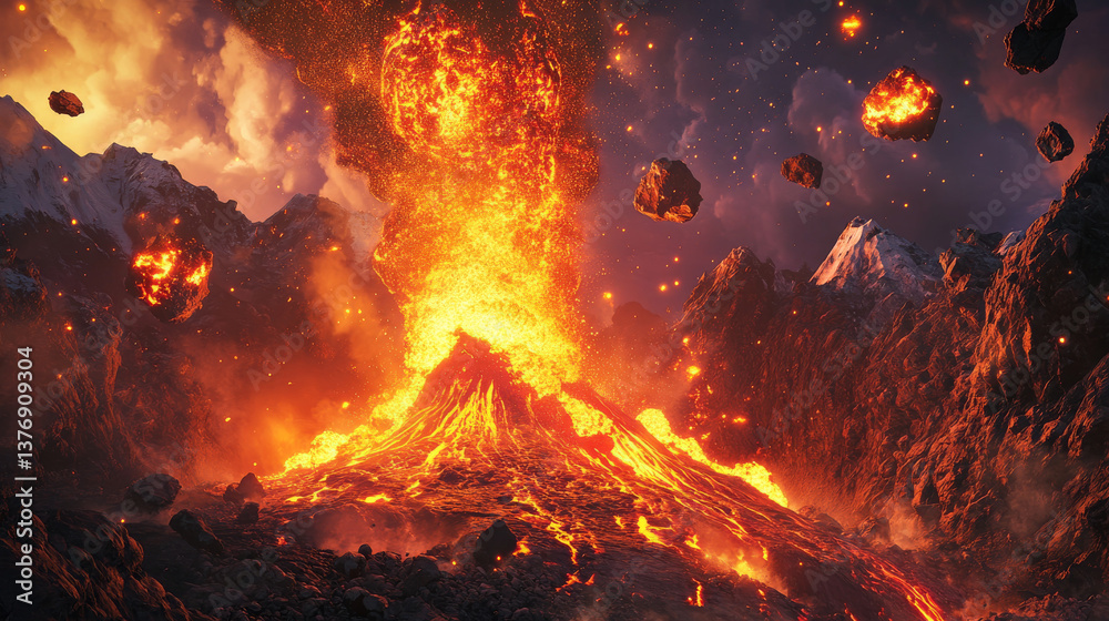 Volcano fire lava eruption cartoon illustration. Volcanic magma ...