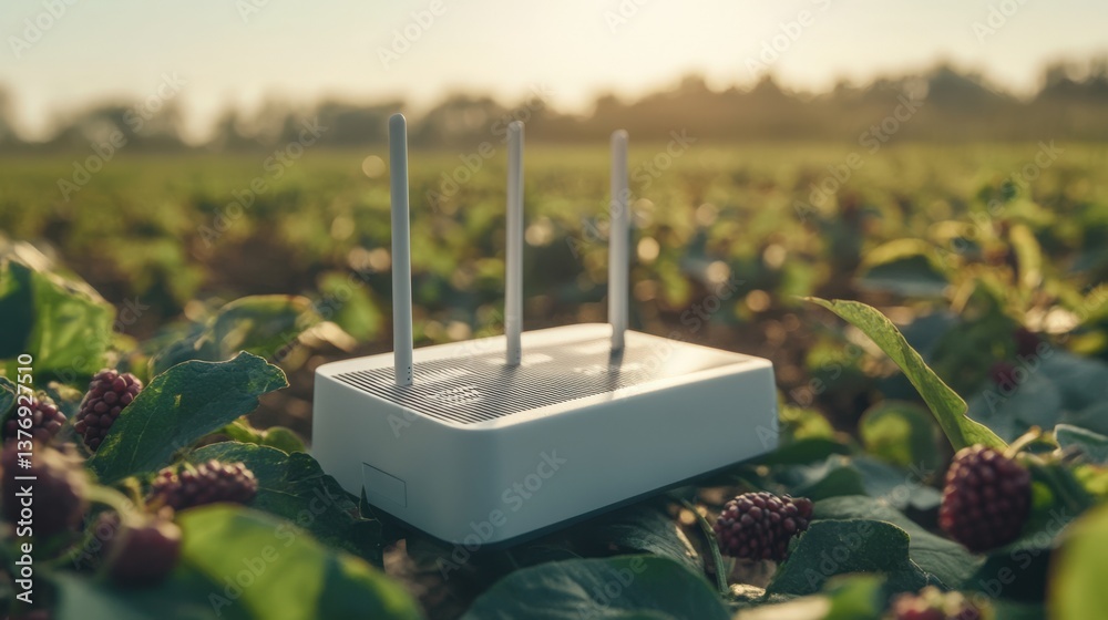 ภาพถ่าย Stock Wireless Router on a Farm in a Berry Field with Sunlight ...