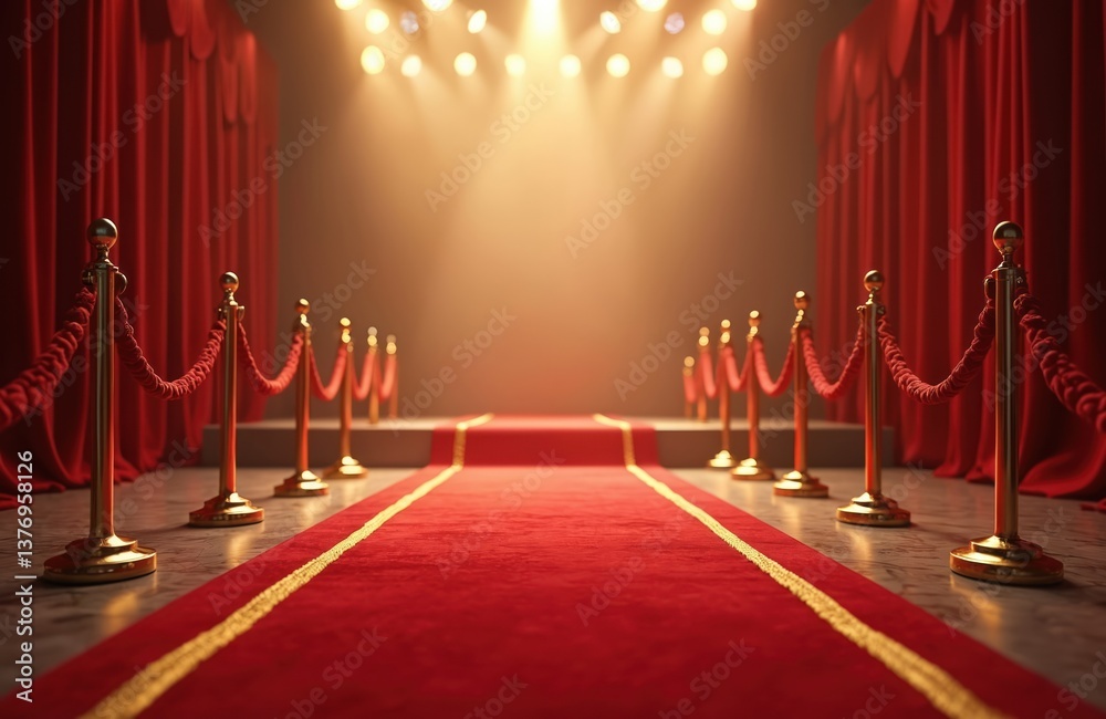 Red carpet entrance with velvet ropes spotlights. Cinema awards ...