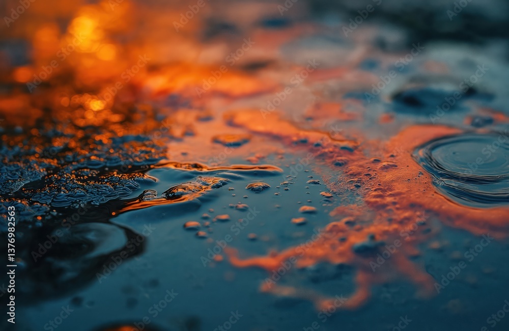 Spill of oil products edicts with environment. Polluted water, toxic ...