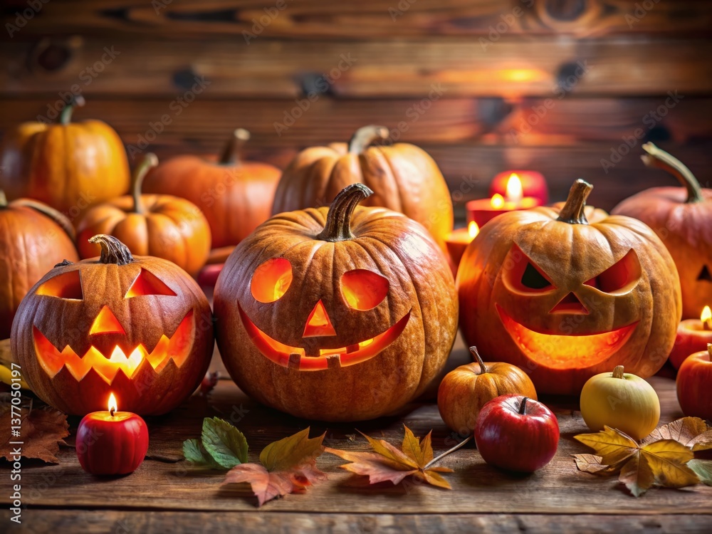 Spooky Halloween Food: Jack-o'-Lantern Carved Apples & Pumpkins Stock ...