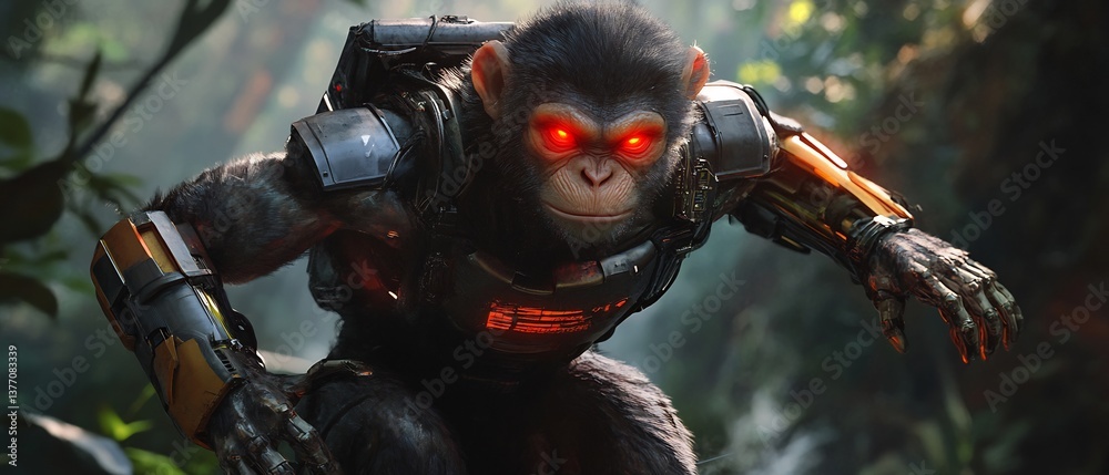 Humanoid battle monkey with a metallic exoskeleton glowing red eyes and ...