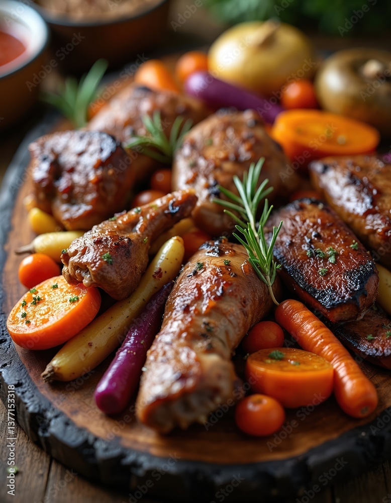 Hangi dish served on rustic wooden platter, features baked chicken ...