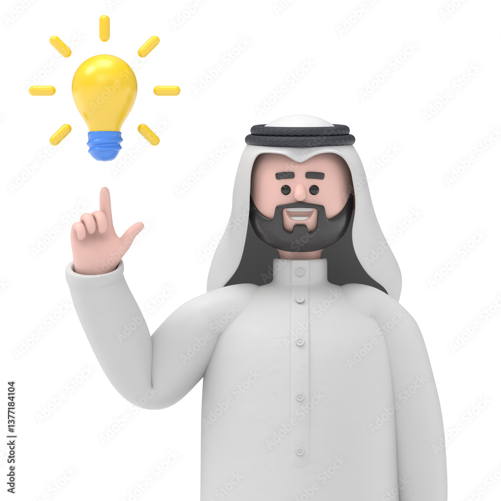 3D illustration of a smiling Arab man Hadi pointing finger at light ...