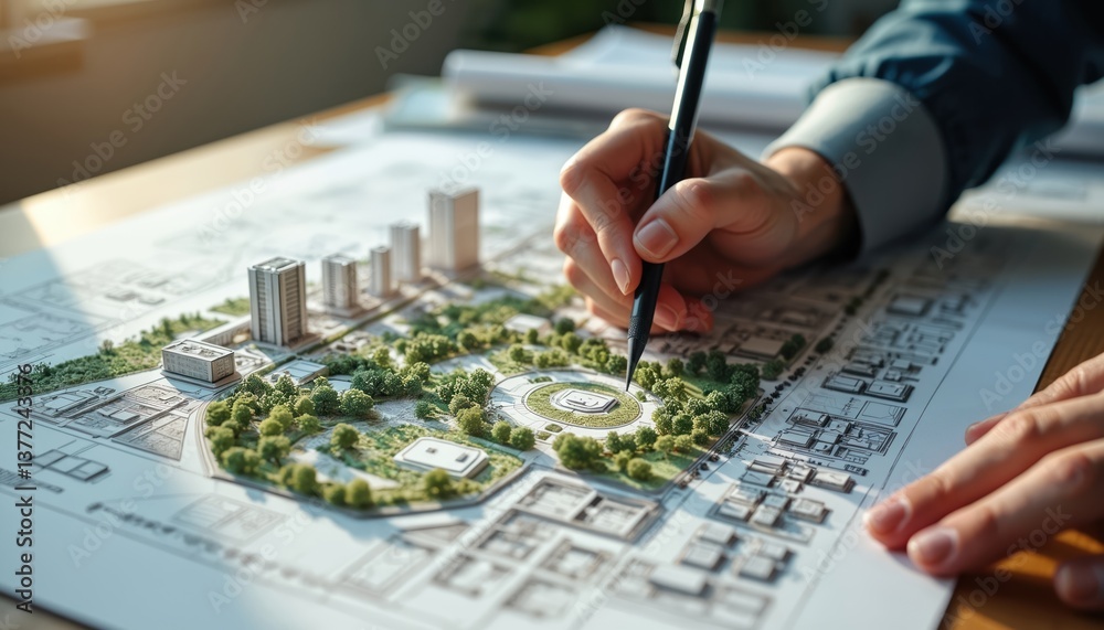 Architect hand sketching sustainable ecofriendly project blueprint ...