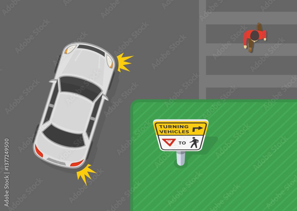 Safe driving tips and traffic regulation rules. Top view of a car ...