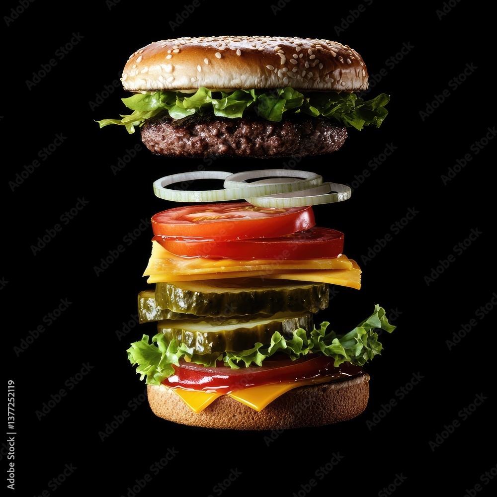Delicious burger exploded into its component parts. A perfect visual ...