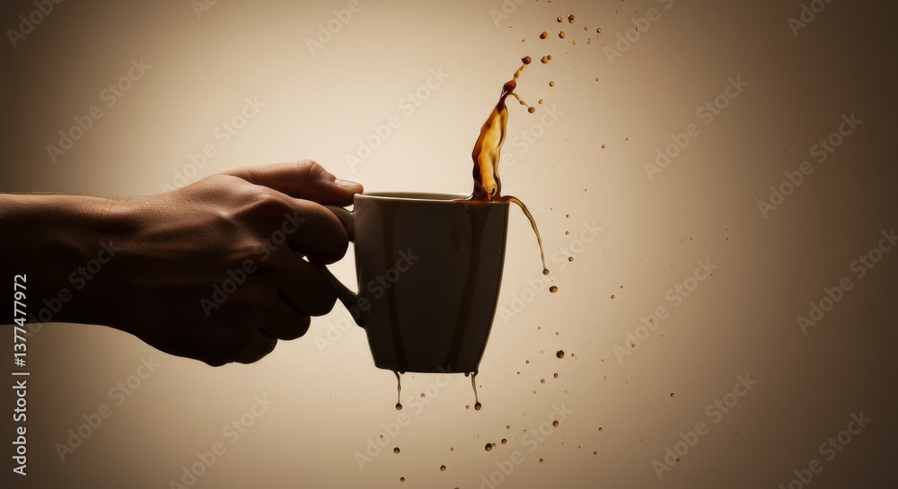 Hand holding broken cup as coffee leaks through bottom, addiction ...