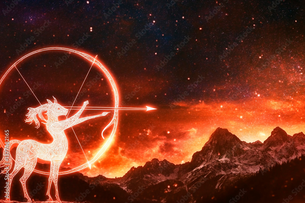 Fiery depiction of Sagittarius constellation as a glowing centaur ...