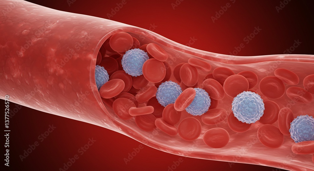 Microscopic view blood vessel red blood cells white blood cells flowing ...