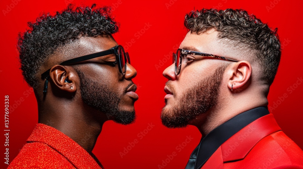 Intense face-off between two stylish men studio setting portrait ...