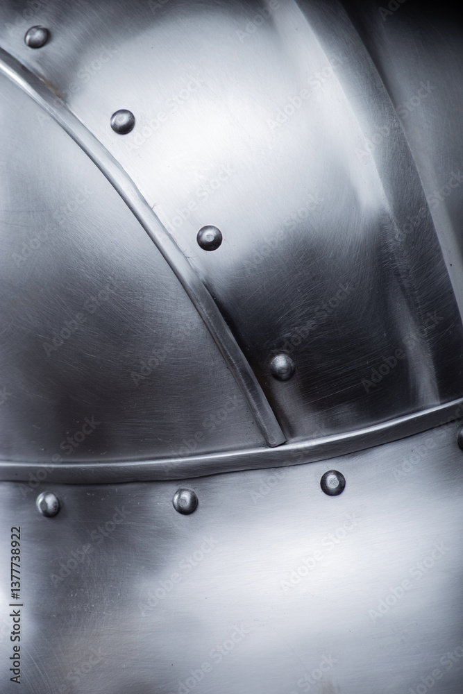 Silver Helmet with Wide Brim and Rivets. This image shows a shiny ...