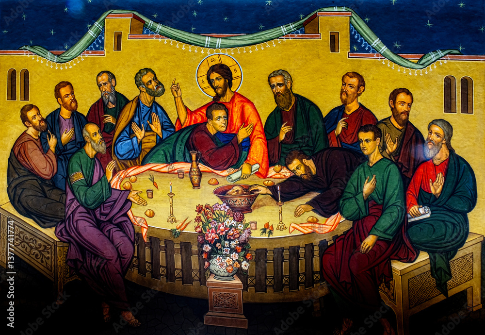 Jesus offering communion to His Apostles at the Last Supper Stock Photo ...