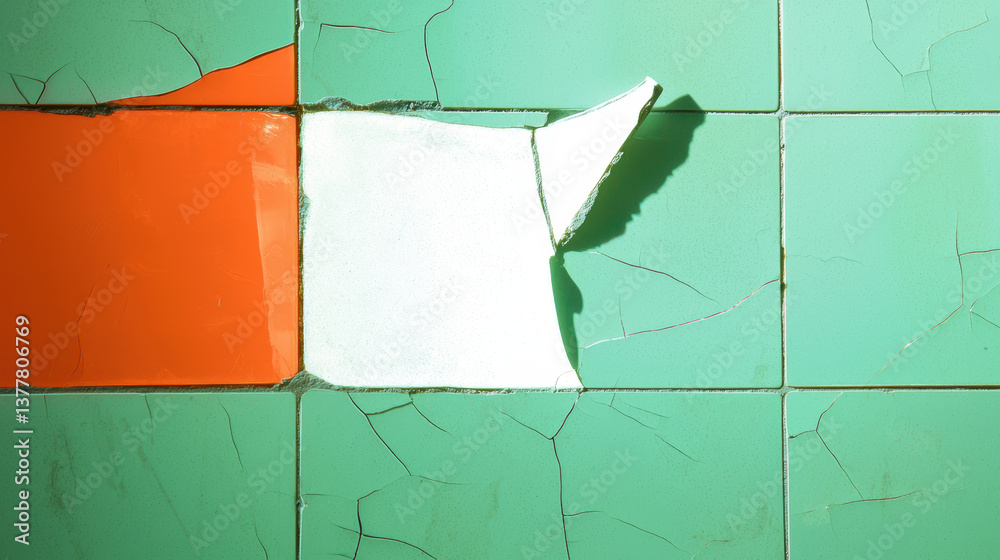 Cracked green tiles with missing piece reveal orange section underneath ...