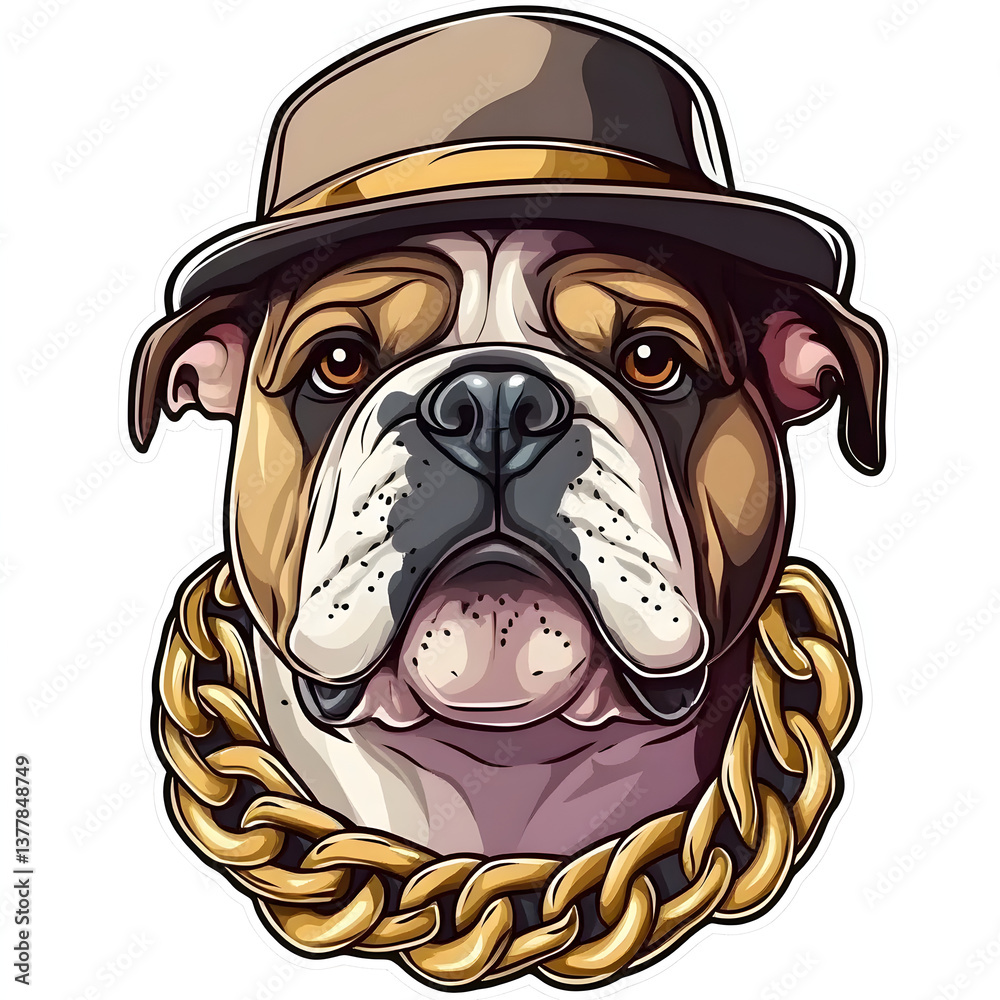 Bulldog wearing a hat with a thick gold chain around its neck, in a ...