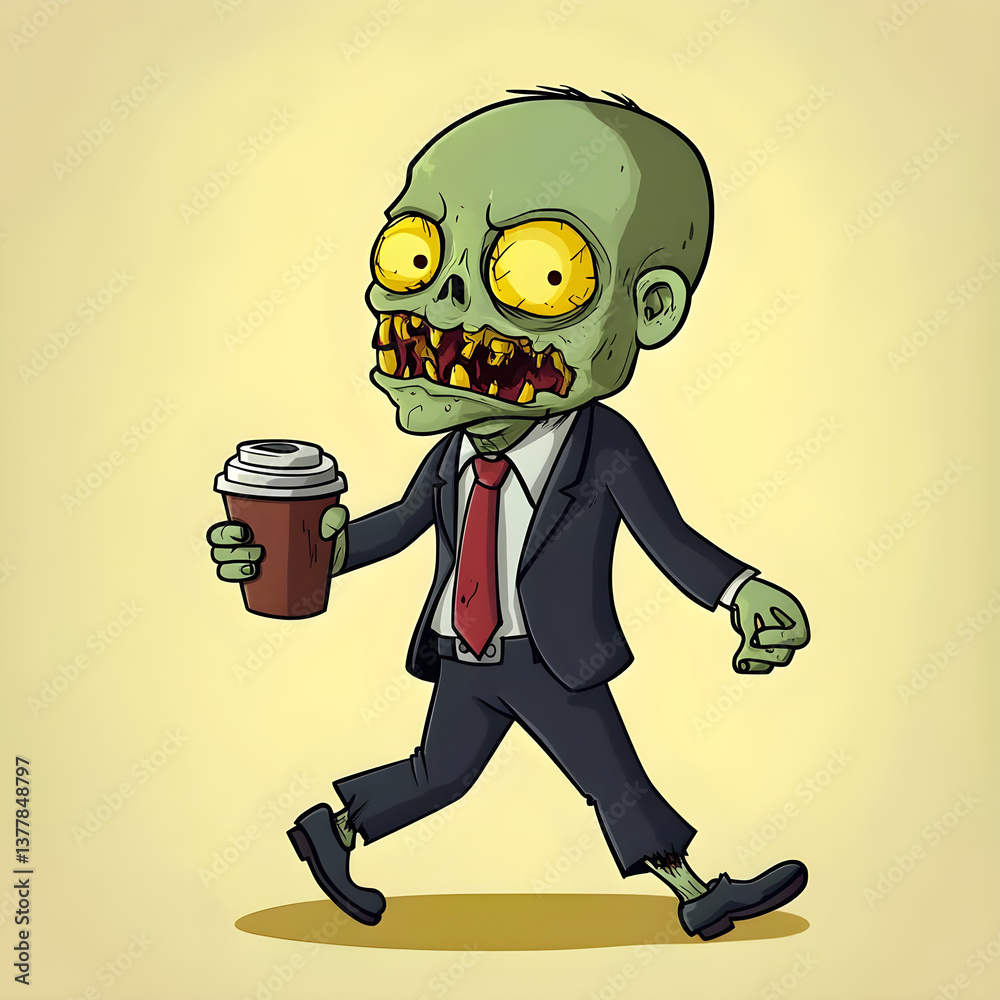 Cartoon zombie in a suit and tie, walking with a coffee cup, in a ...