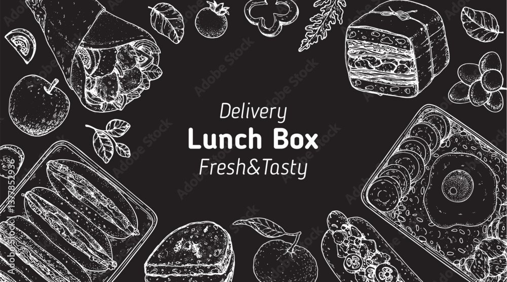 Lunch box frame. Hand drawn vector illustration. Meal box sketch. Top ...
