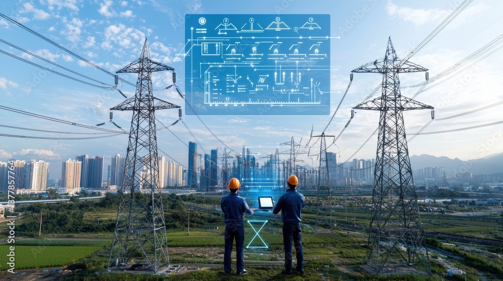 Two workers in hard hats collaborating near high voltage power ...