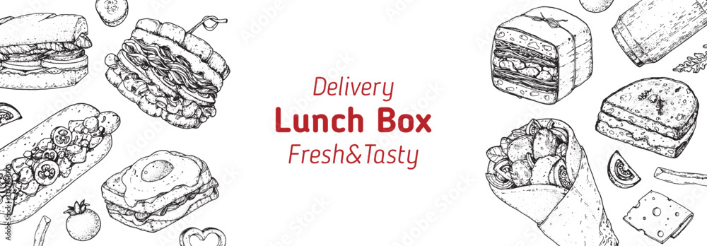Lunch box frame. Hand drawn vector illustration. Meal box sketch. Top ...