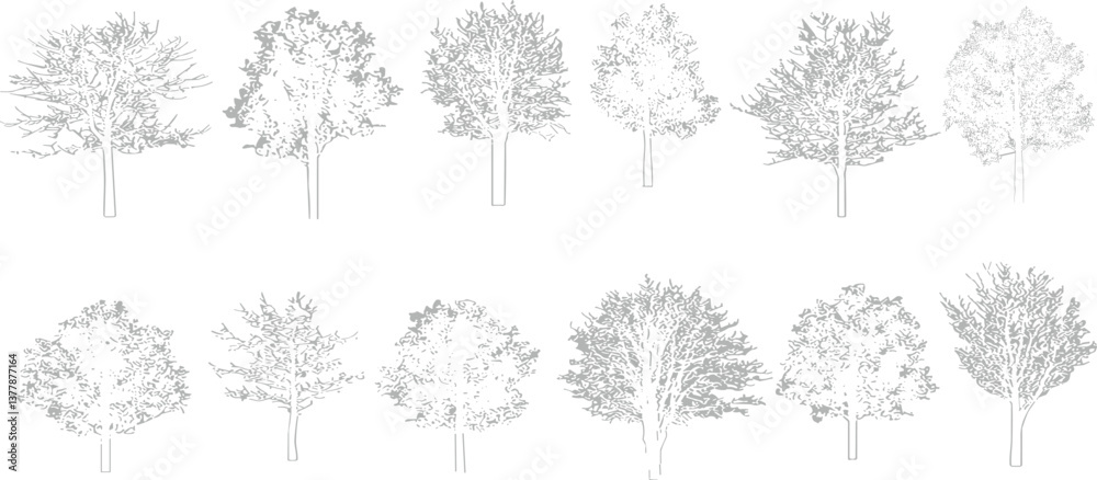Architectural Drawings, Minimal style cad tree line drawing, Side view, set of section wetland ...