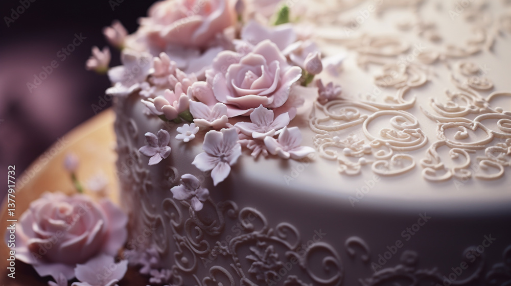 Beautiful wedding cake with pink roses and intricate icing design for ...