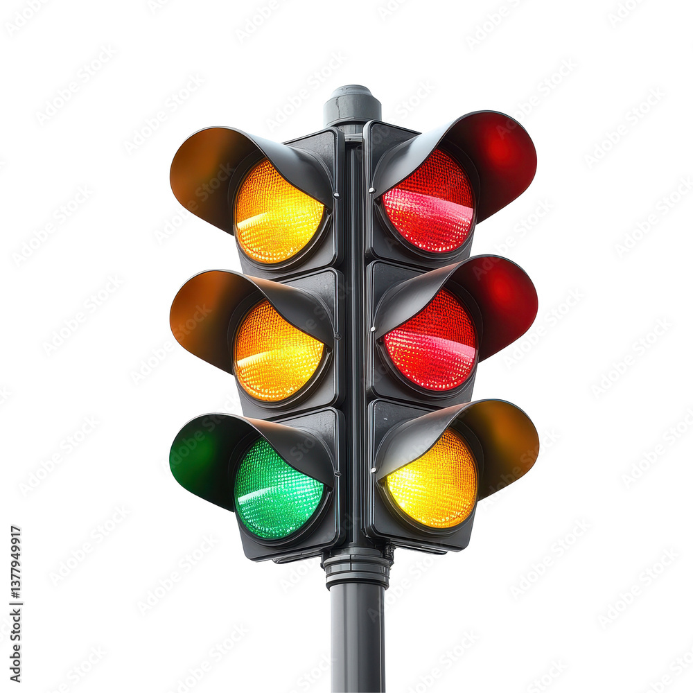 Traffic light displaying red, yellow, and green signals at an urban ...
