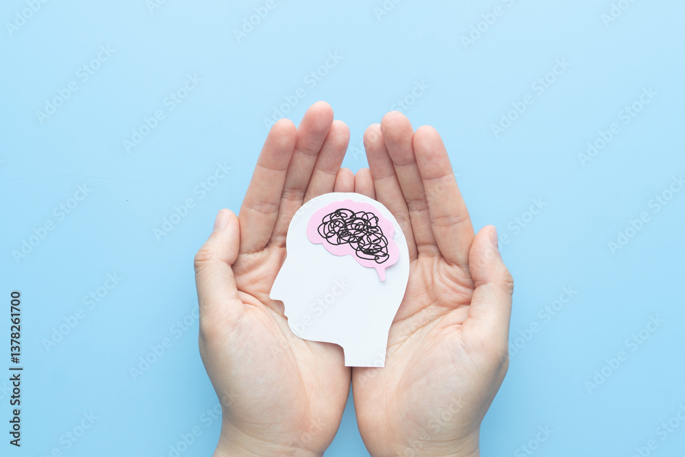 Human head with brain as tangled messy single line on blue background ...