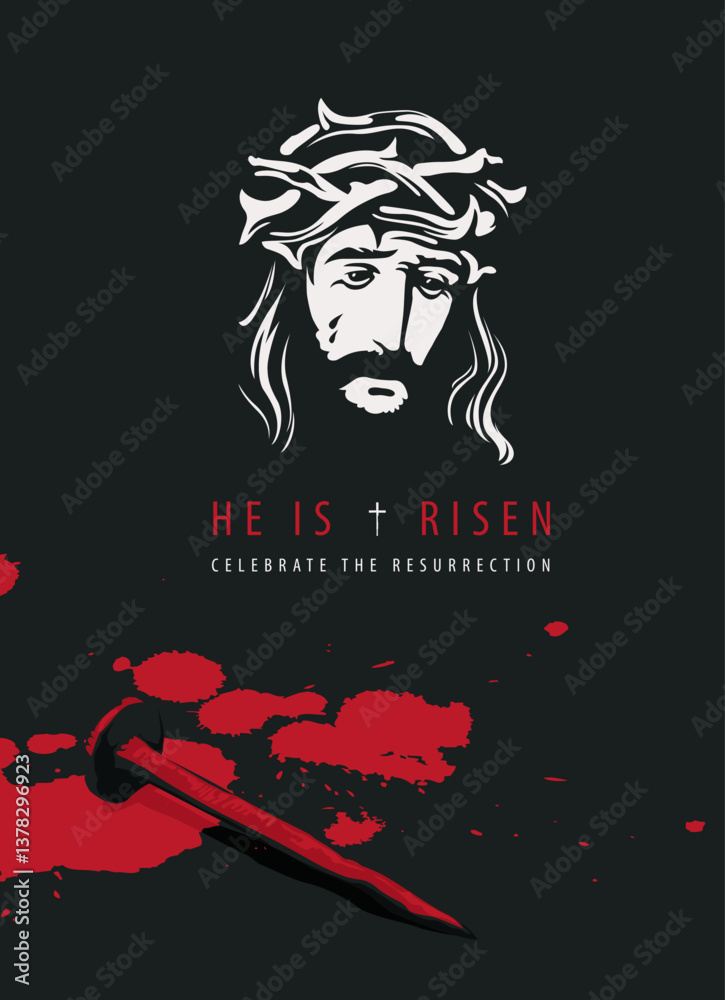 Portrait of crucified crying Jesus Christ on background with nail and ...