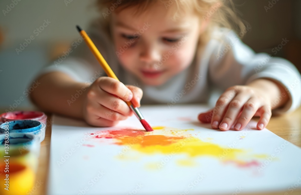 Young child draws with watercolor paints on paper. Kid holds brush with ...
