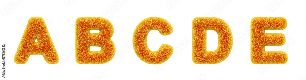 3d fur type font, fluffy alphabet letters A, B, C, D, E with yellow ...